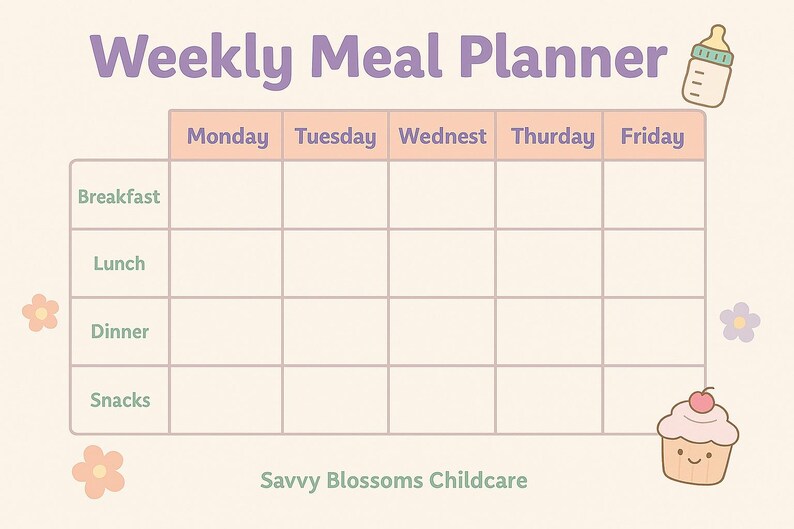 Printable Weekly Meal Planner | Pastel Toddler Food Schedule | Daycare ...
