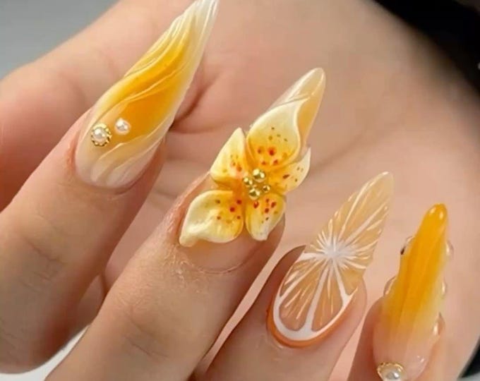 Tangerine Summer Nails /custom Press on Nails/ Hand Made Press on Nails ...