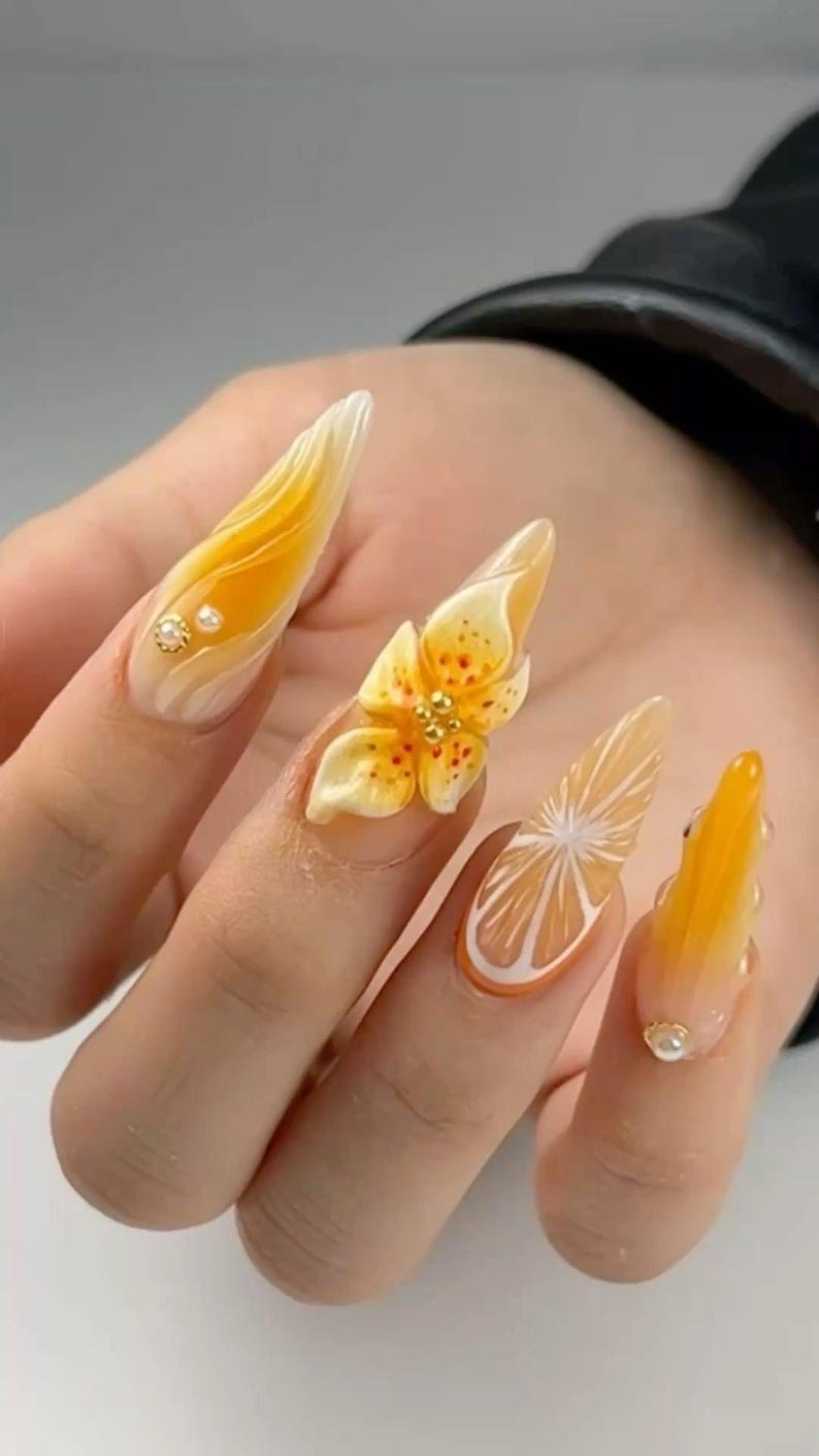 Tangerine Summer Nails /custom Press on Nails/ Hand Made Press on Nails ...