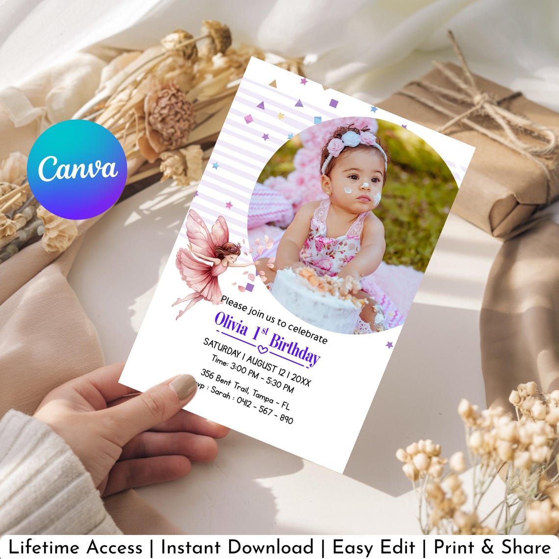 Editable ONE Birthday Invitation: First Birthday Party, Canva Template ...