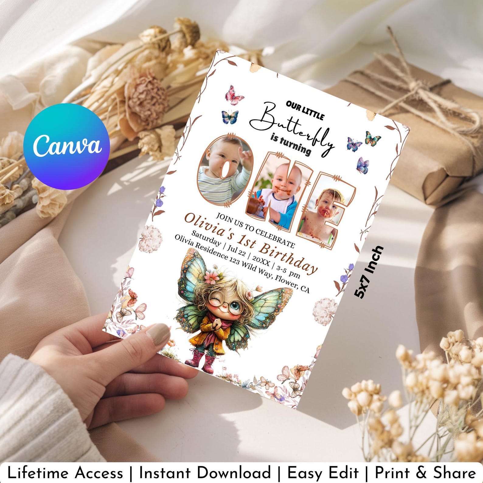 Editable ONE Birthday Invitation: First Birthday Party, Canva Template ...