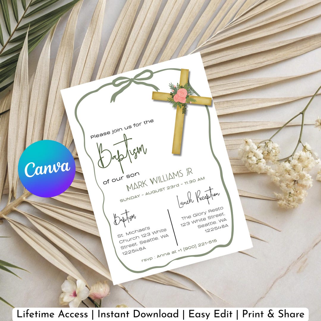 Simple Baptism Invitation Template | Editable Canva Boy Invite | Blue ...
