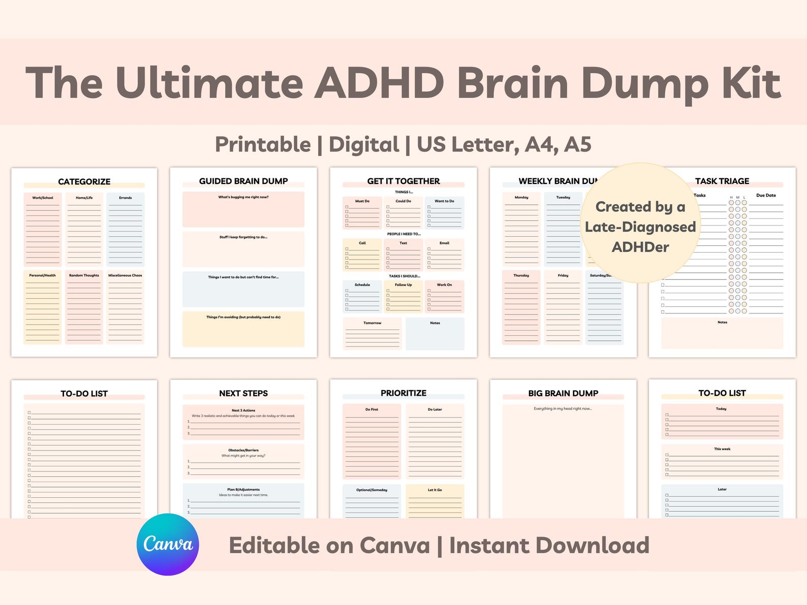 Editable ADHD Brain Dump Printable Template Daily Planner To-do List ...