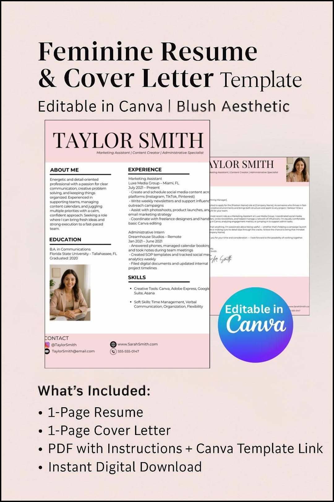 Modern Feminine Resume Template – Editable Canva CV & Cover Letter ...