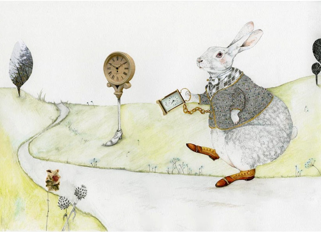 Rabbit Print White Rabbit With Time Piece 8x11 Illustration - Etsy