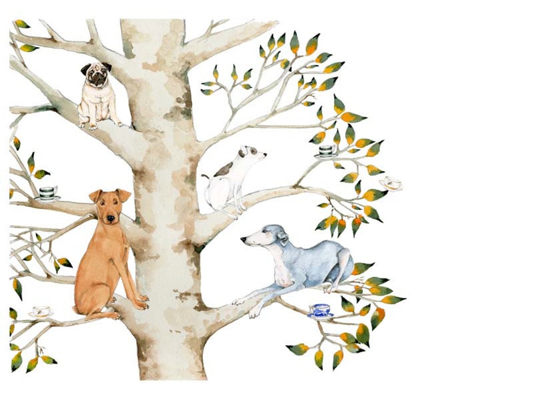 Dog Print Giclee Print Dogs in Tree With Teacups 8x11 Illustration - Etsy