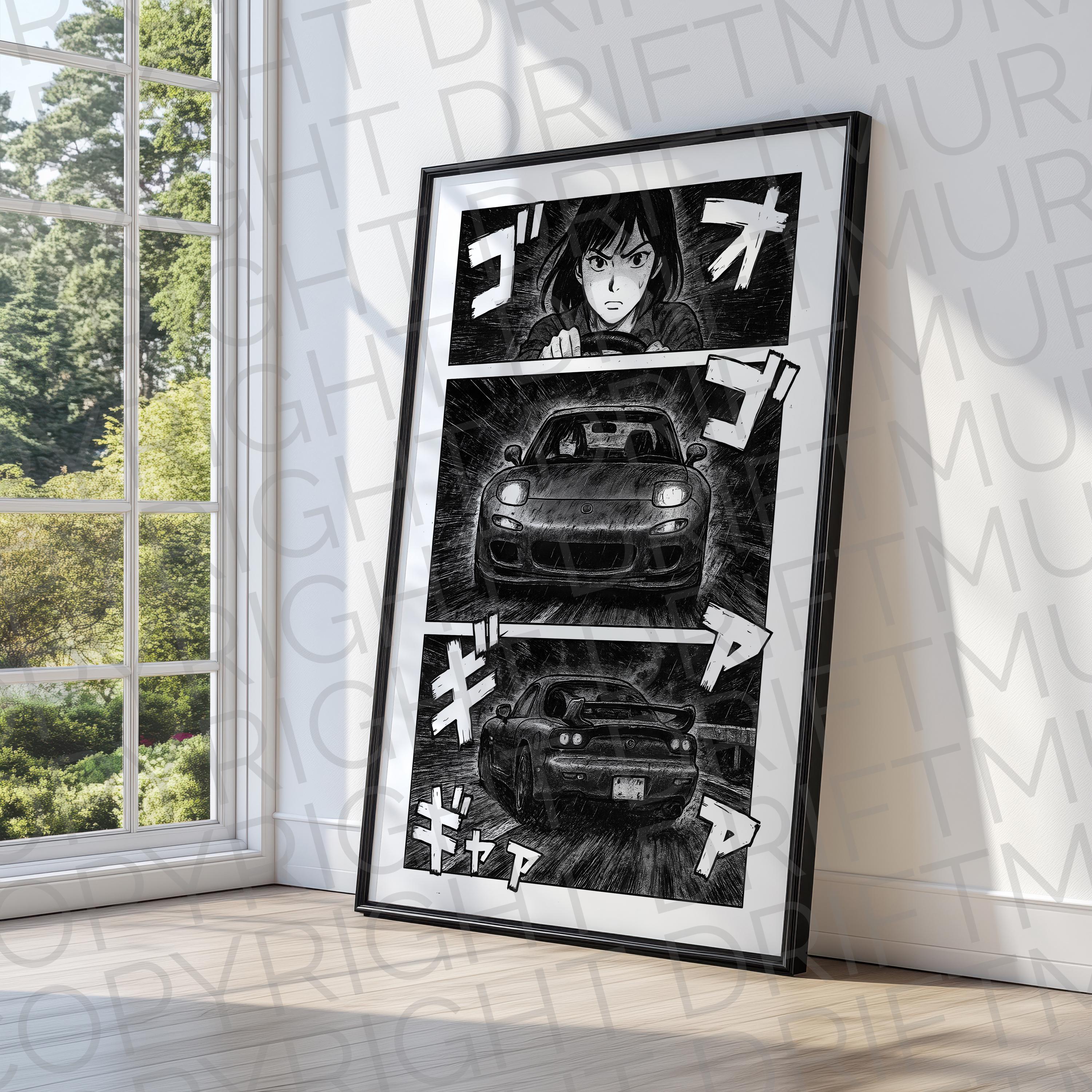 Mazda RX7 Drift Print – Touge Manga JDM Wall Art | Black & White Car ...
