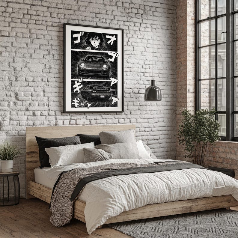 Mazda RX7 Drift Print – Touge Manga JDM Wall Art | Black & White Car ...