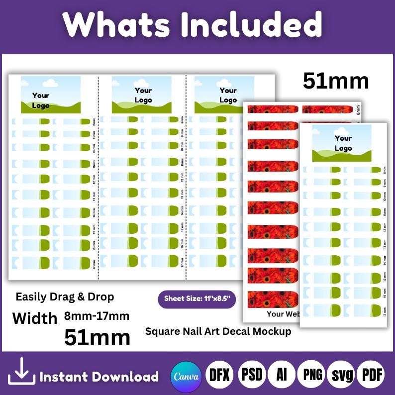 Nail Art Decal Template, Waterslide Nail Wraps, Canva & SVG (digital ...