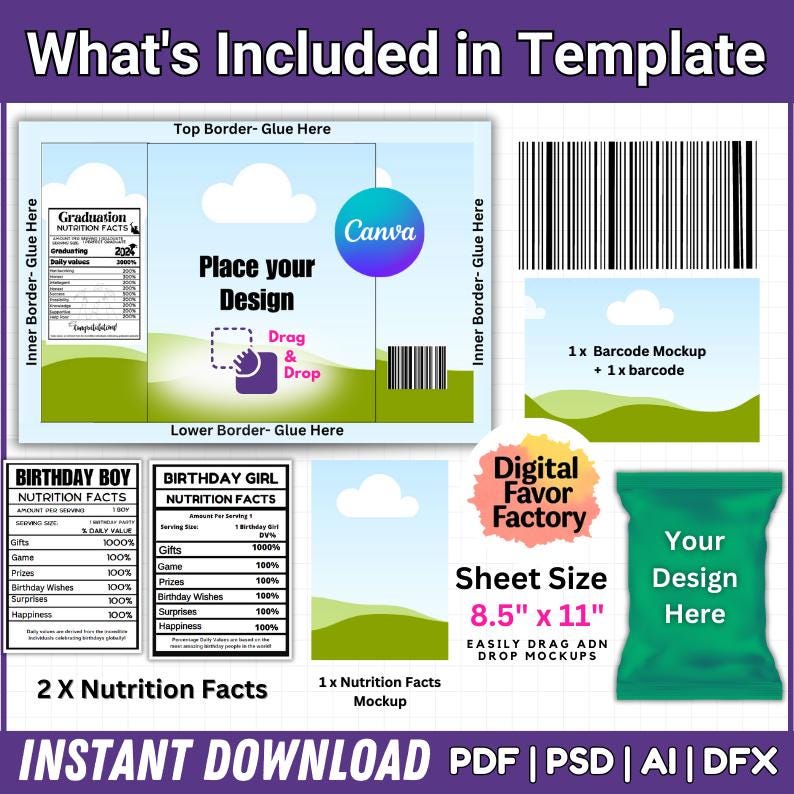 Chip Bag Template Mockup, Party Favor Snack Bag Label, Chip Bag Label ...