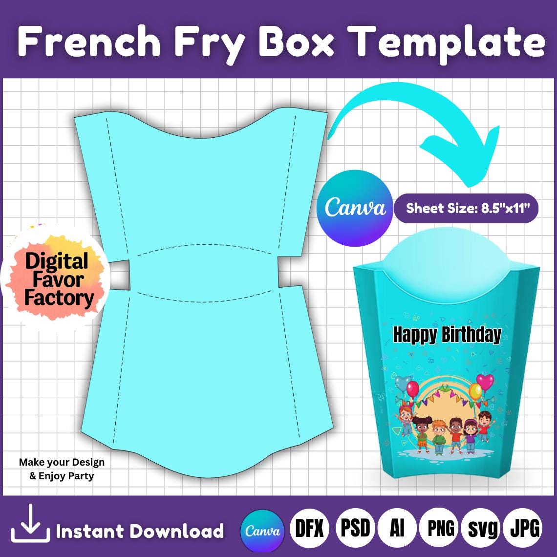 French Fries Box Template, Snack Box Template, Fried Potato Box ...