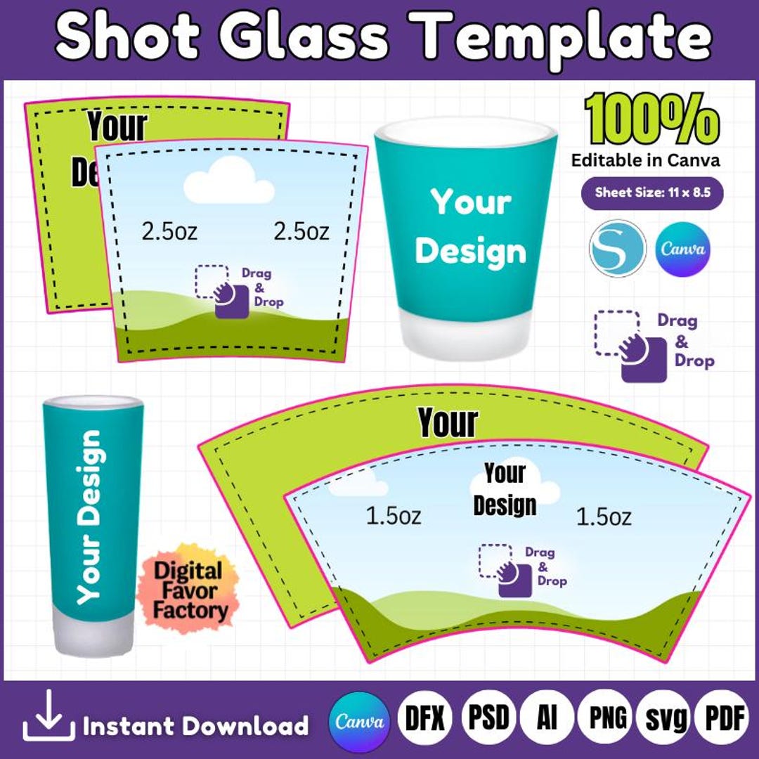 1.5oz, 2.5oz, Shot Glass Template Bundle, Shot Glass Wrapper, Shot ...