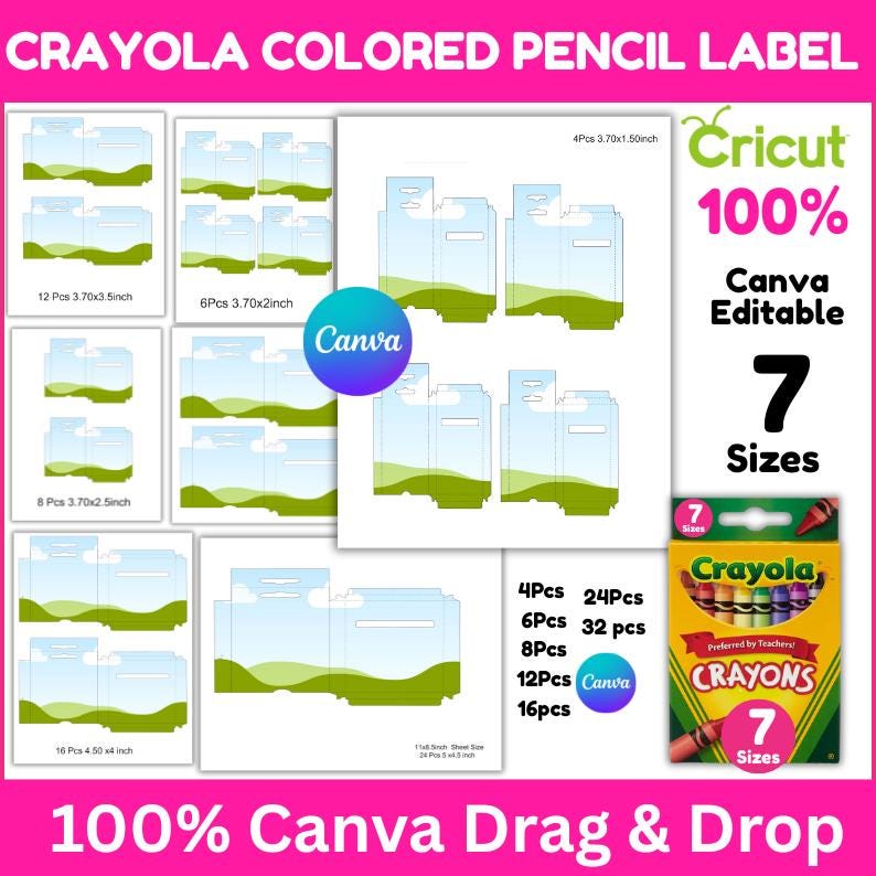 7 X Crayon Box Template Bundle Editable Canva Design DIY Crayon Box SVG ...