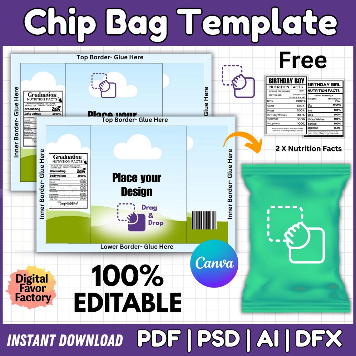 Chip Bag Template Mockup, Party Favor Snack Bag Label, Chip Bag Label ...