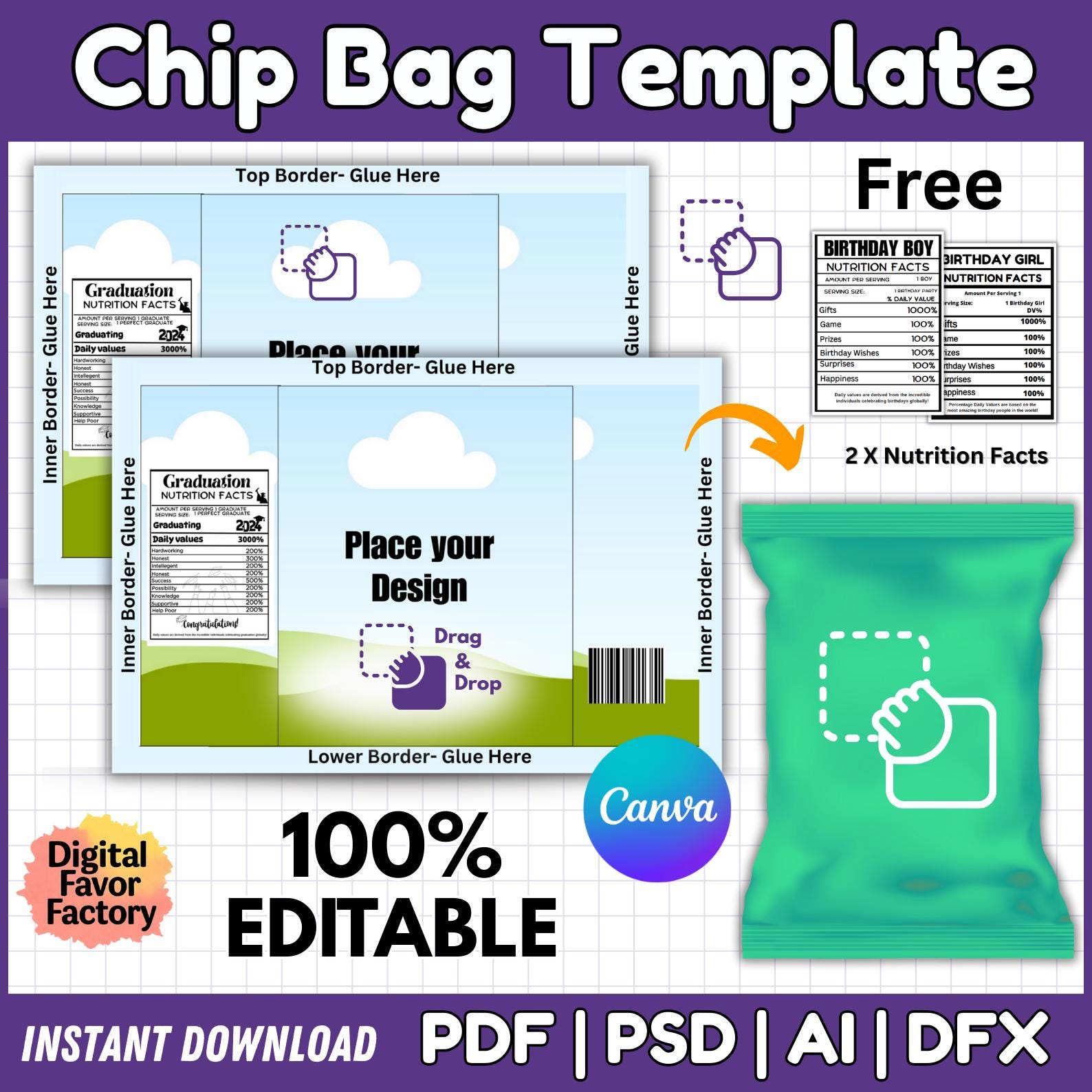 Chip Bag Template Mockup, Party Favor Snack Bag Label, Chip Bag Label ...