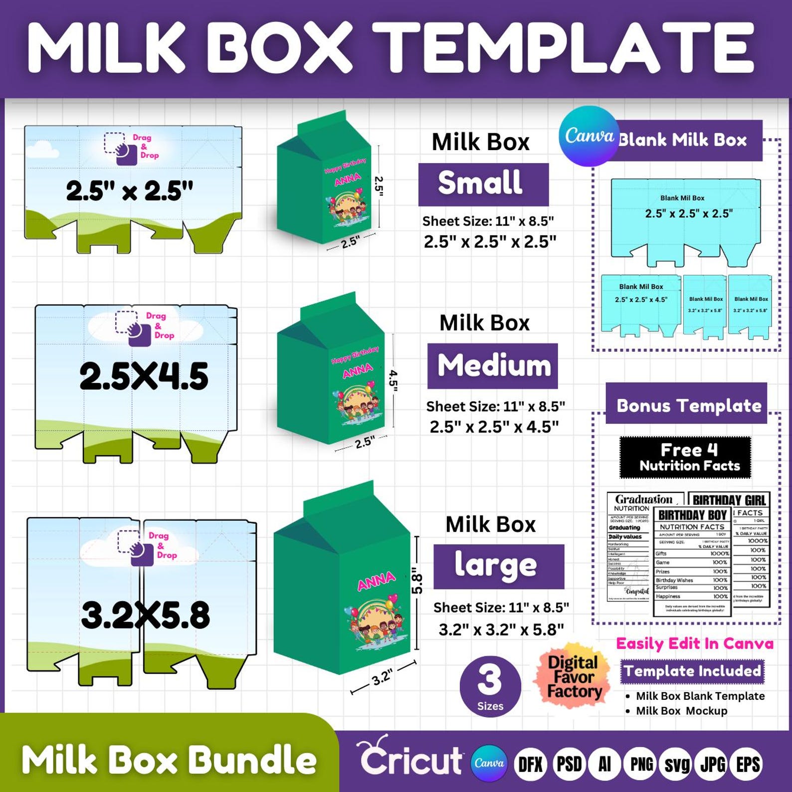 Milk Box Template SVG | DIY Milk Carton Gift Box | 2.5x2.5" Party Favor ...