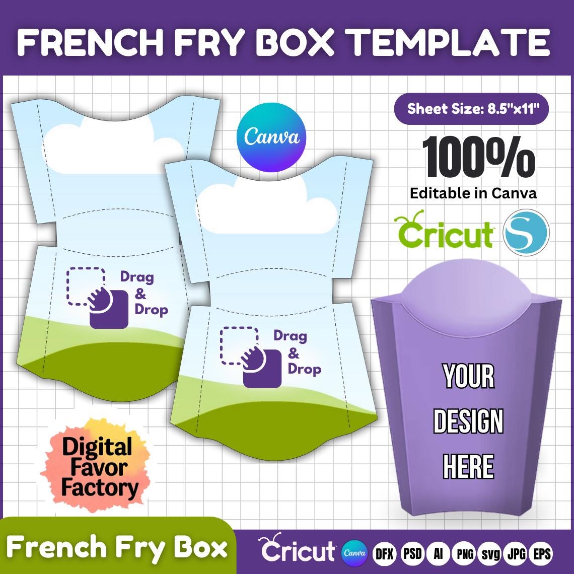 French Fries Box Template, Snack Box Template, Fried Potato Box ...