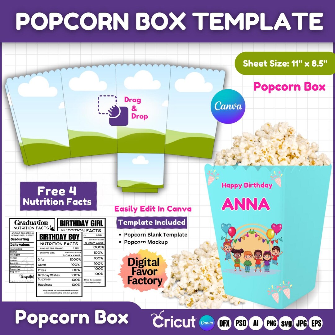 Pop Corn Box Template, Popcorn Box Blank Template, Snack Box Template ...