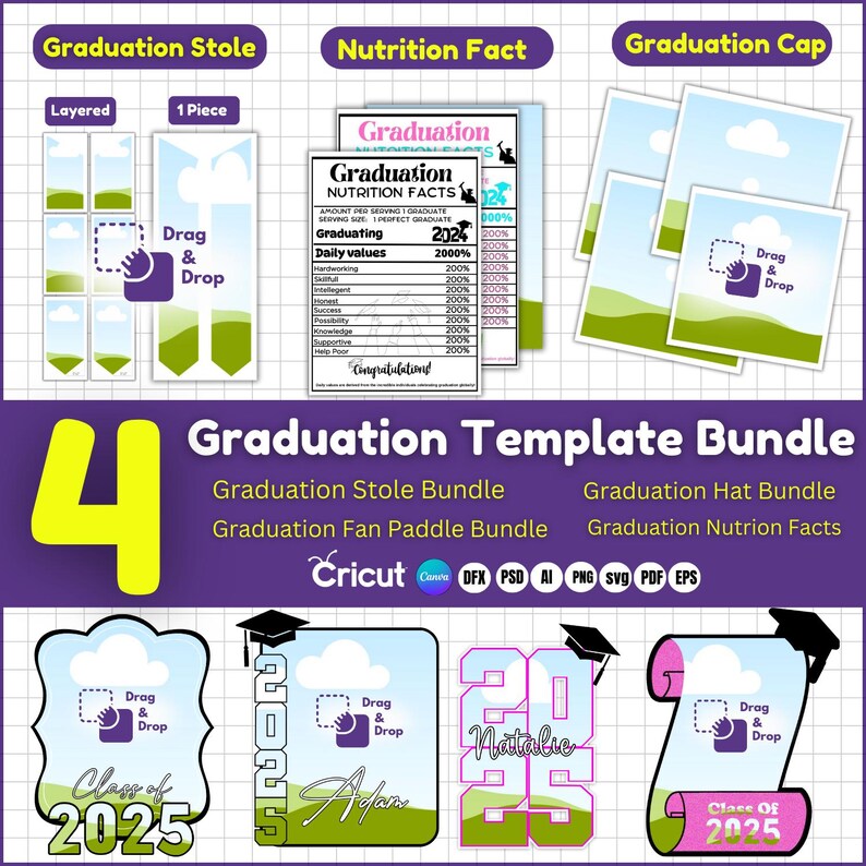 2025 Graduation Stole Template Bundle, Cap Topper, Fan (digital Prints ...