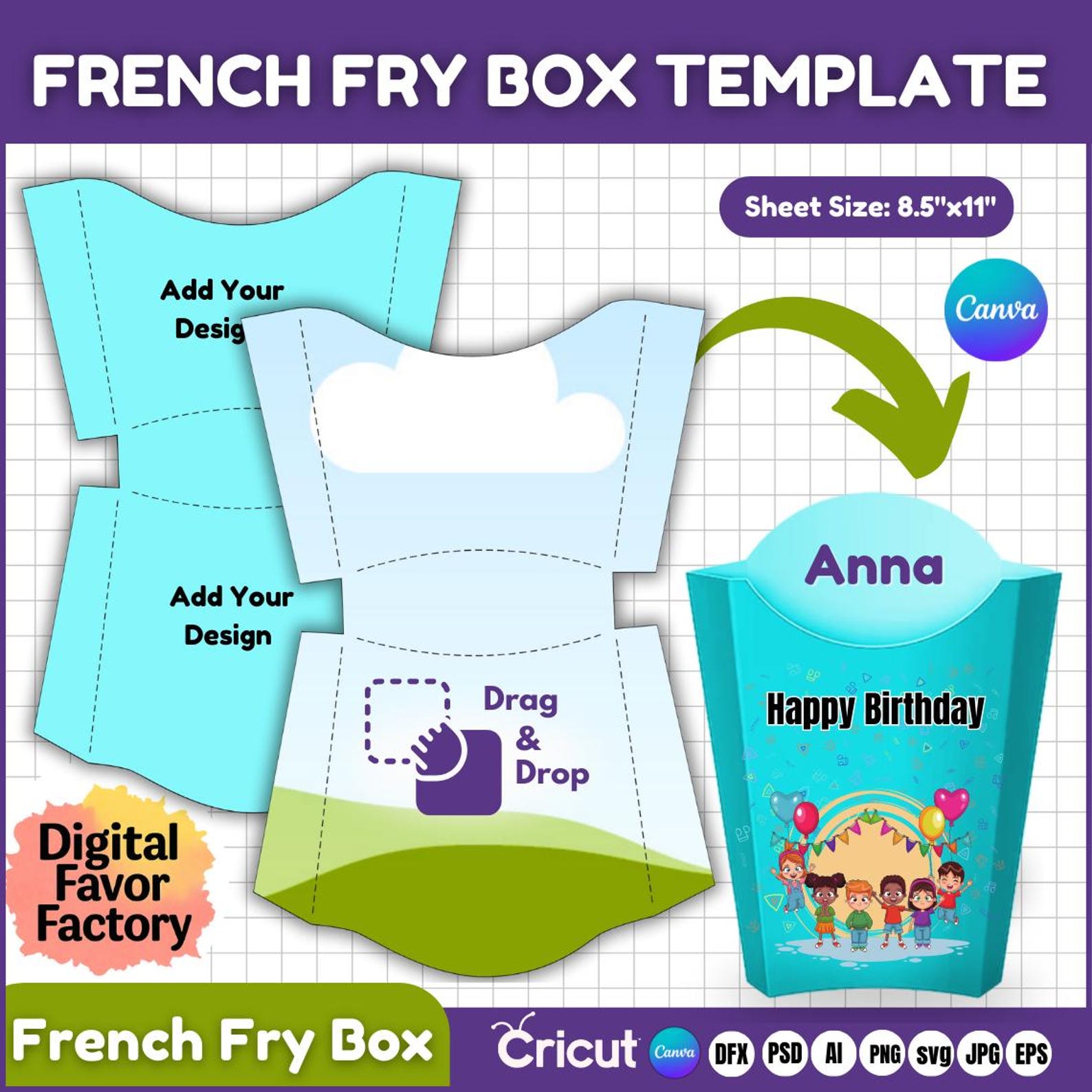 French Fries Box Template, Snack Box Template, Fried Potato Box ...