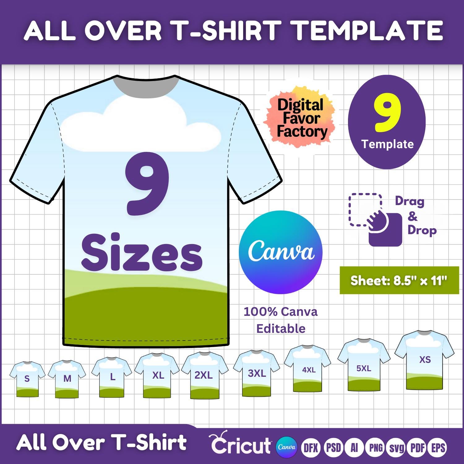All Over T-shirt Template 9 Sizes Shirt Sublimation Blank Template ...