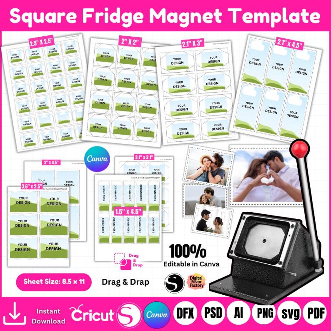 Square Fridge Magnet Template Bundle, Photo Magnet Template, Magnet ...