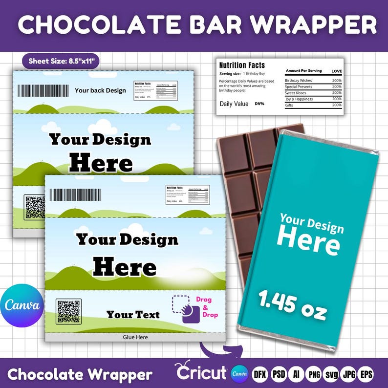Chocolate Bar Wrap Template Bundle, Chocolate Label Canva Template ...
