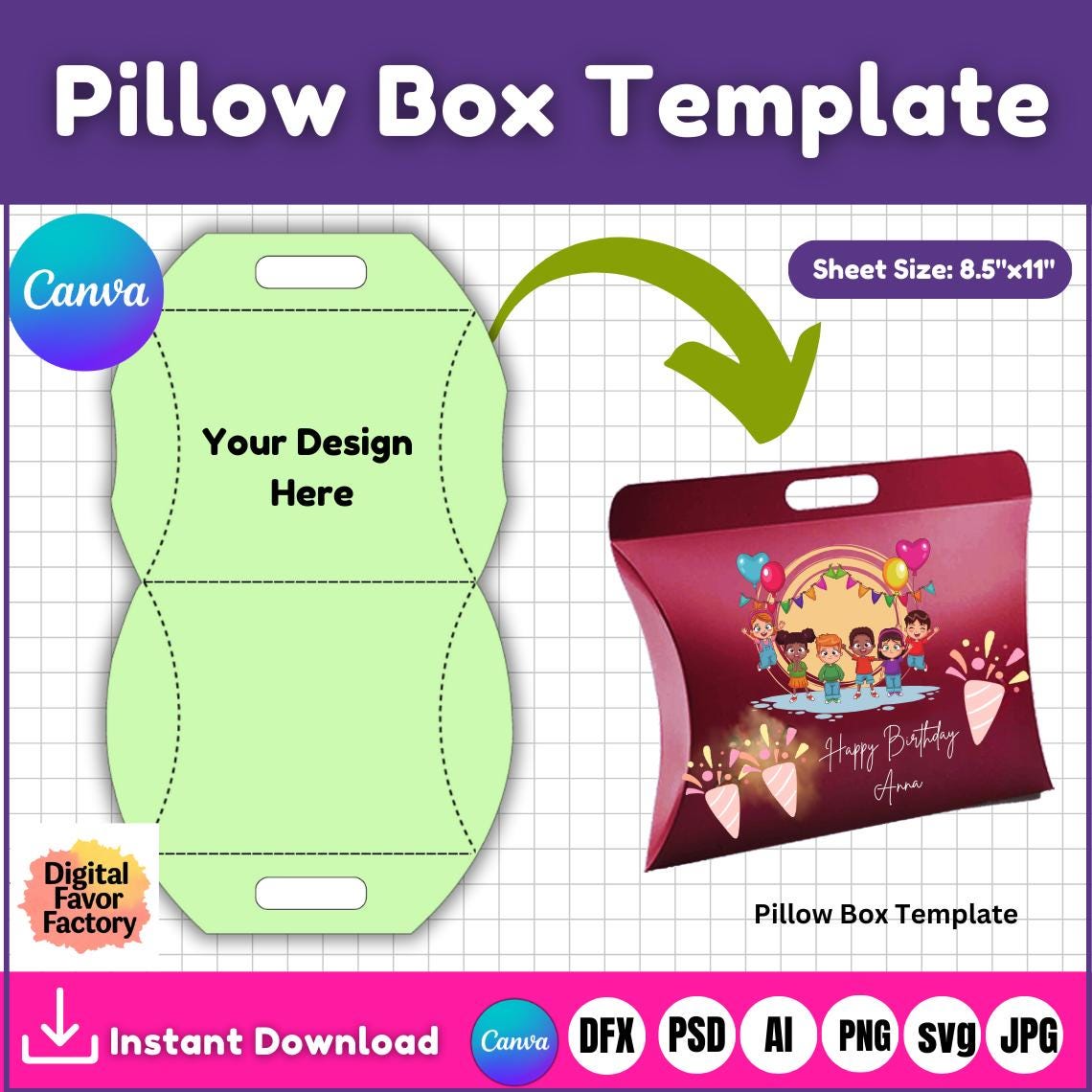 Foldable Pillow Box Template Svg, Party Favor Box Template, Pillow ...