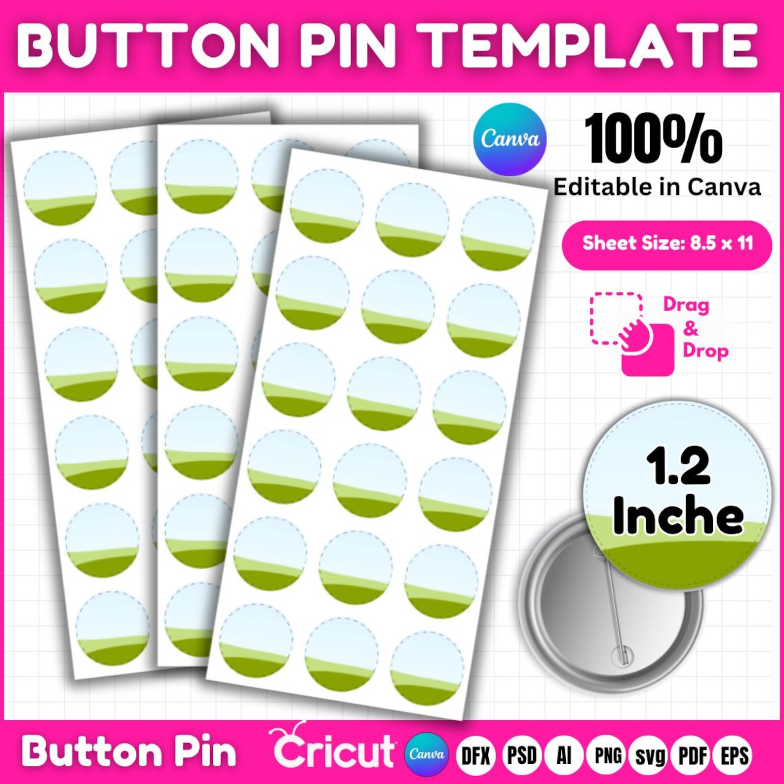3" Inch Button Pin Template, Canva Button Pin Template, Button Pin Svg, Pin Button, Sublimation ...
