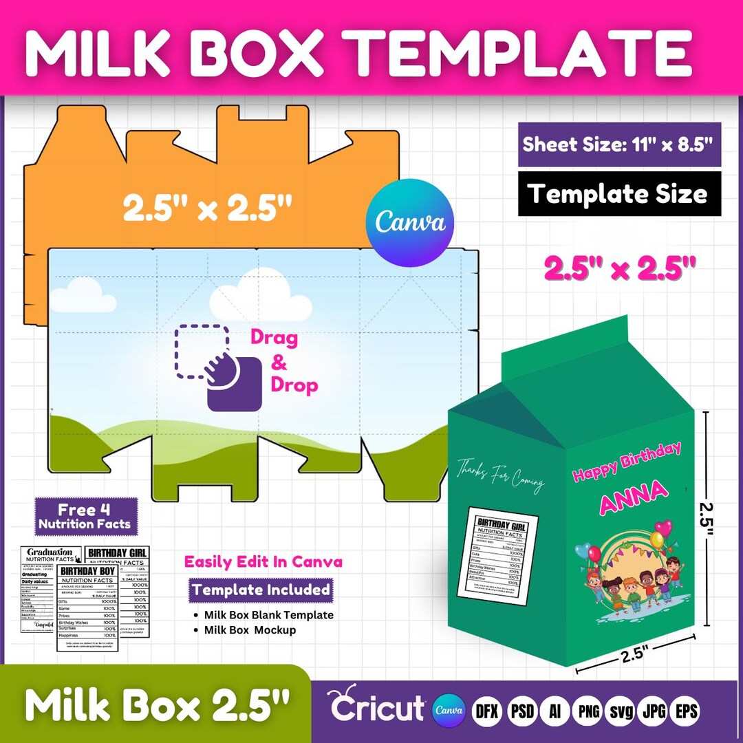 Milk Box Template SVG | DIY Milk Carton Gift Box | 2.5x2.5" Party Favor ...