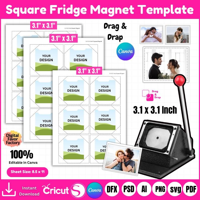 Square Fridge Magnet Template Bundle, Photo Magnet Template, Magnet ...