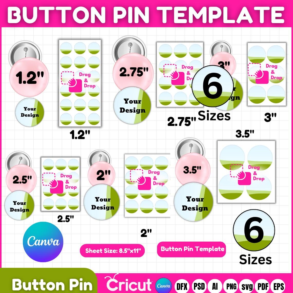 3" Inch Button Pin Template, Canva Button Pin Template, Button Pin Svg ...