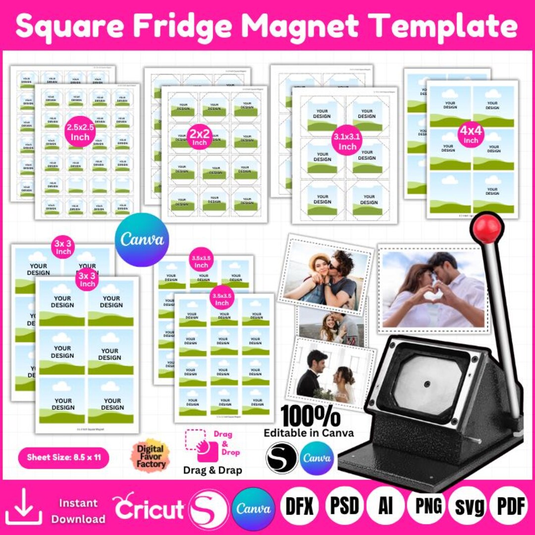 6 Square Fridge Magnet Template Bundle, Photo Magnet Template, Magnet ...
