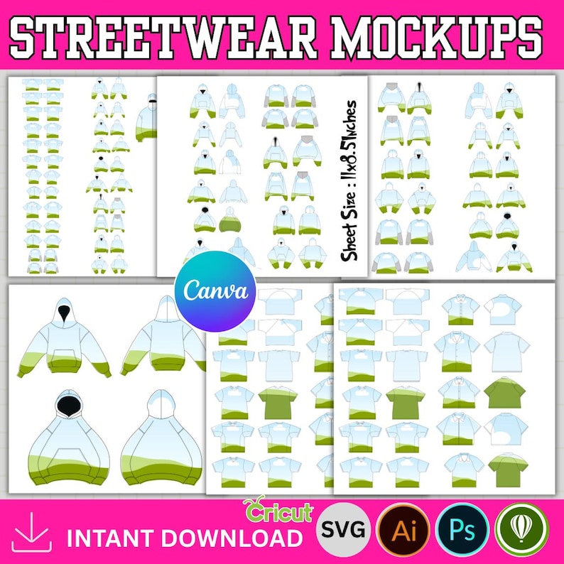 Streetwear Clothing Mockups and Tech Pack Vector Templates, Streetwear ...