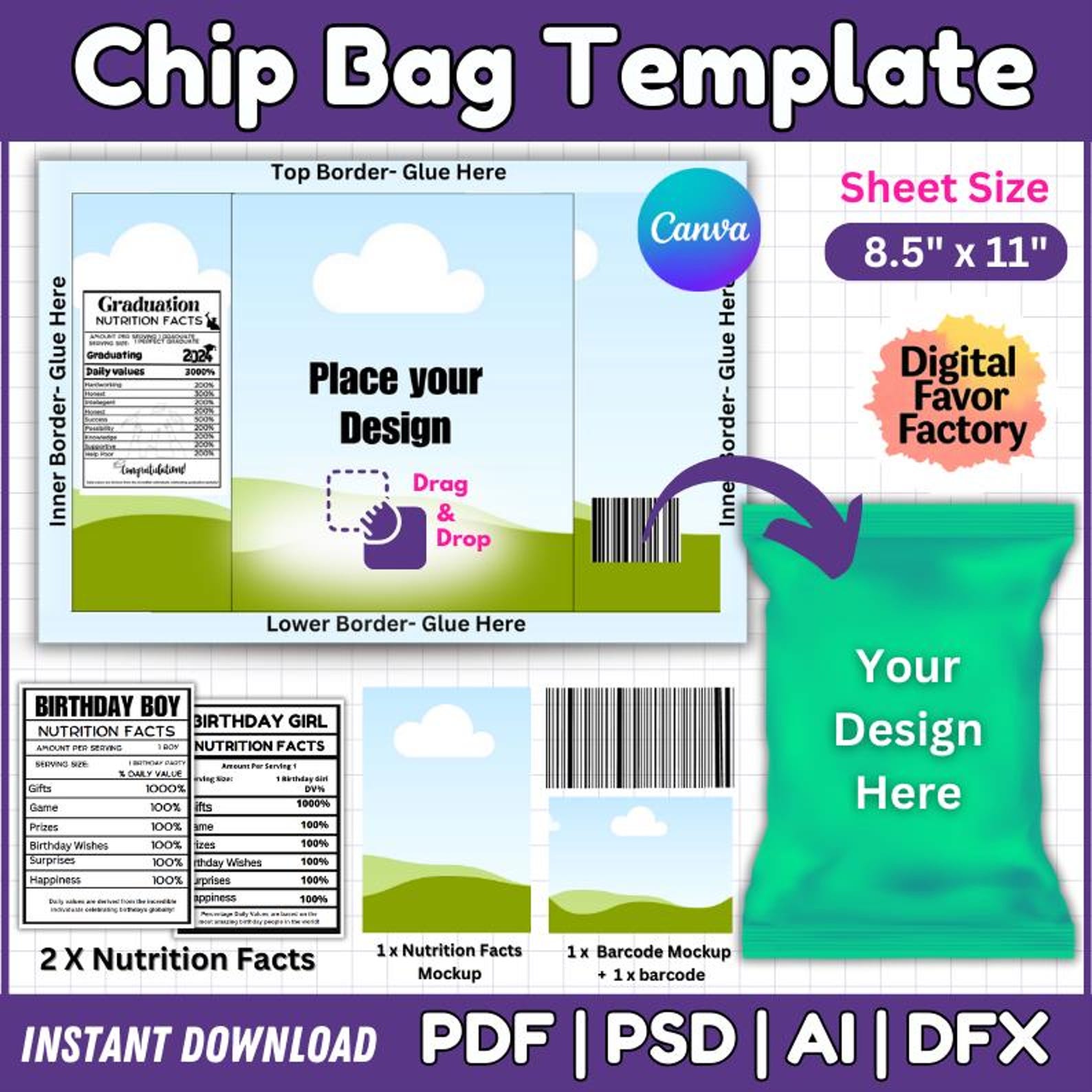 Chip Bag Template Mockup, Party Favor Snack Bag Label, Chip Bag Label ...