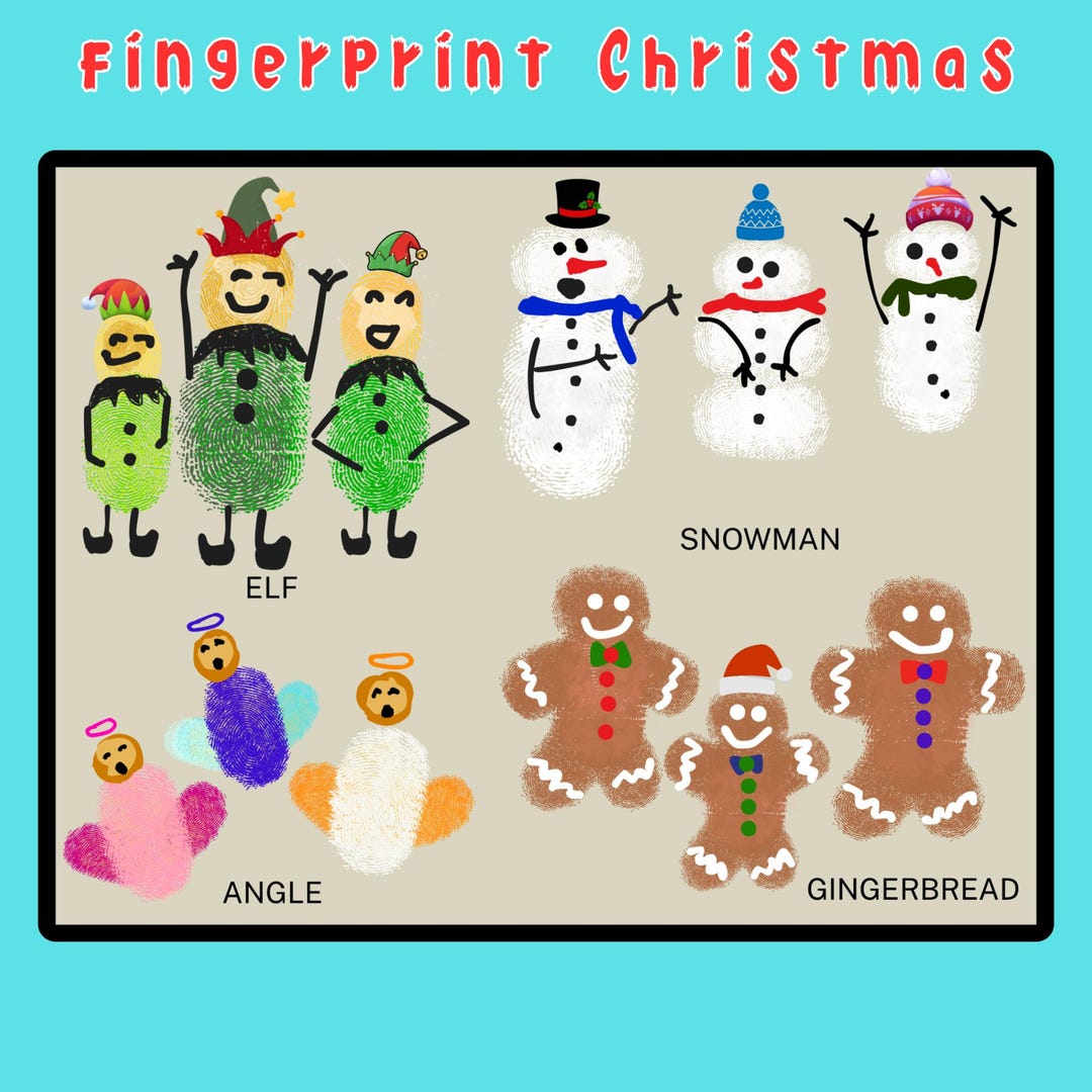 Christmas Fingerprint Art Printable – Elf, Snowman, Angel & Gingerbread ...