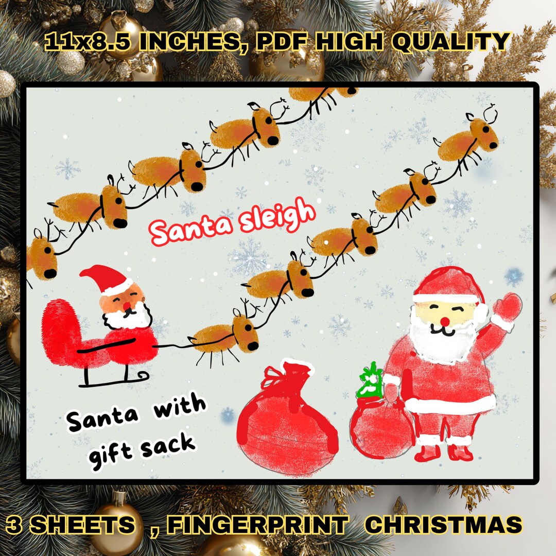 Fingerprint Art Santa Sleigh & Reindeer | Santa With Gift Sack ...