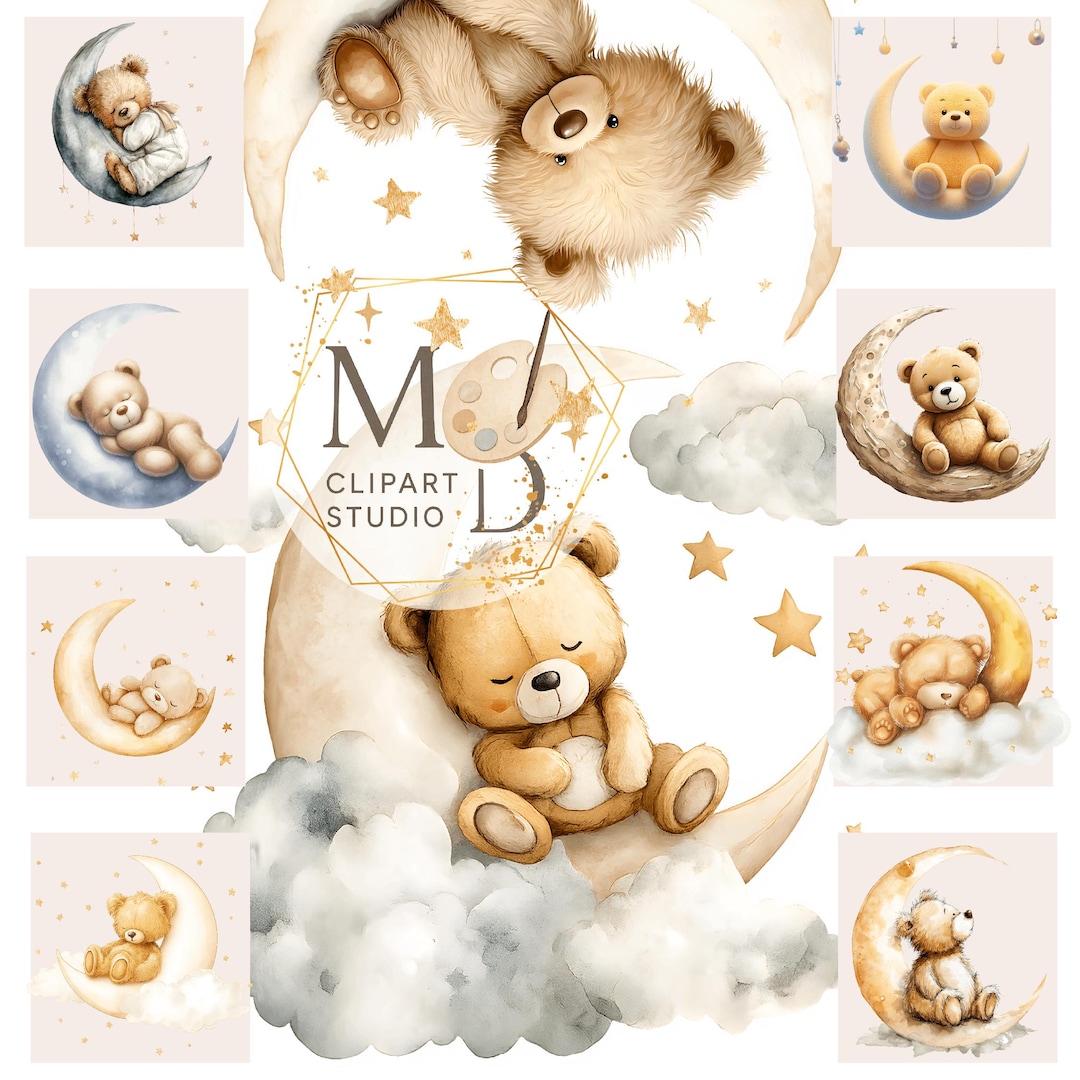 Watercolor Teddy Bear Moon Clipart Set: Nursery Art 18 Pngs - Digital ...