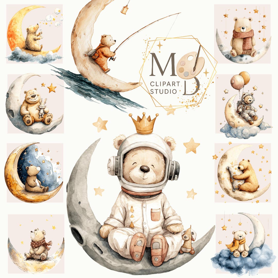 Watercolor Teddy Bear Moon Clipart Set, Nursery Art (digital Download ...