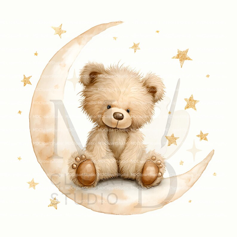Watercolor Teddy Bear Moon Clipart Set: Nursery Art PNG Digital ...