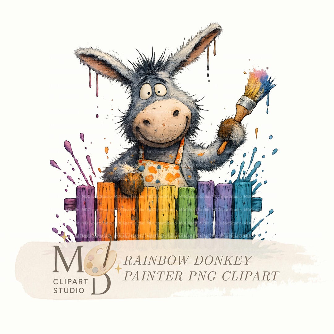 Rainbow Donkey Painter Clipart PNG Donkey Painting Fence Digital ...
