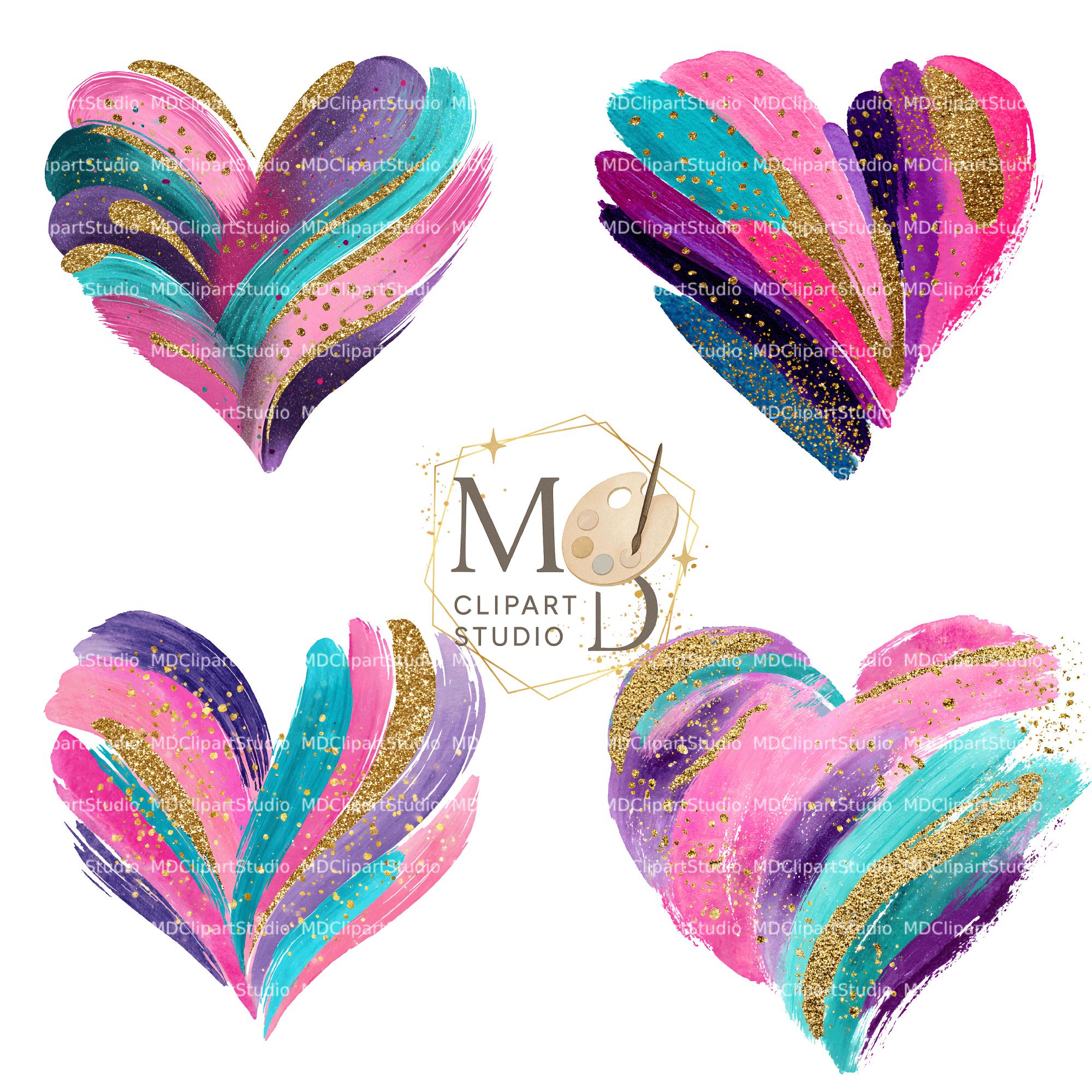 16 Vibrant Glitter Heart Clipart PNG, Watercolor Hearts, Colorful Brush ...