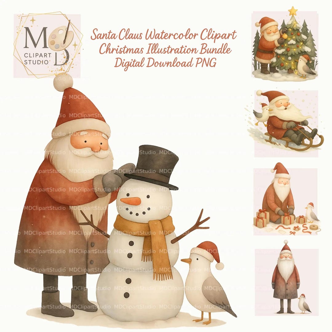 Watercolor Santa Clipart Bundle: Festive Christmas PNG Images Digital ...