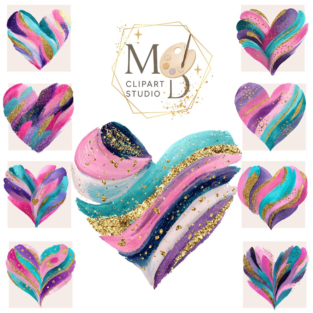 16 Vibrant Glitter Heart Clipart PNG, Watercolor Hearts, Colorful Brush ...