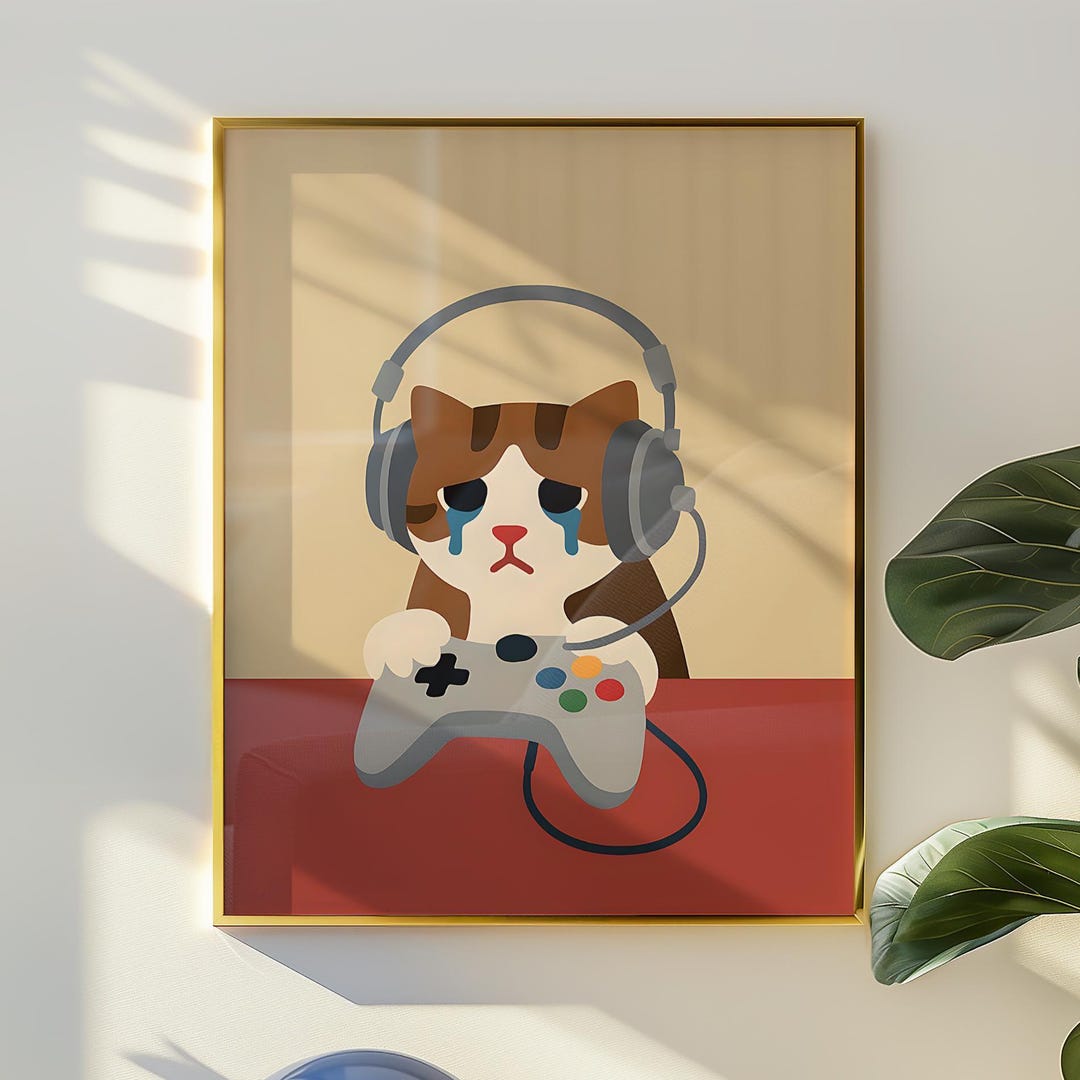 Emotional Gamer Cat Print, Gaming Cat Wall Art, Retro Gaming Decor ...
