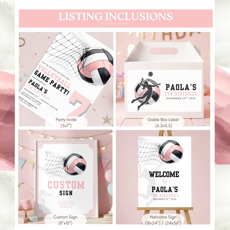 Volleyball Birthday Party Bundle, Pink Sports Theme, Editable Canva ...