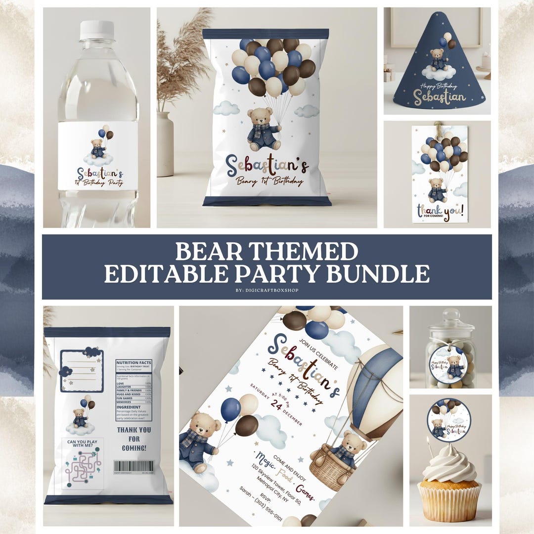 Editable Beary First Birthday Party Bundle, Blue Watercolor Teddy Bear ...