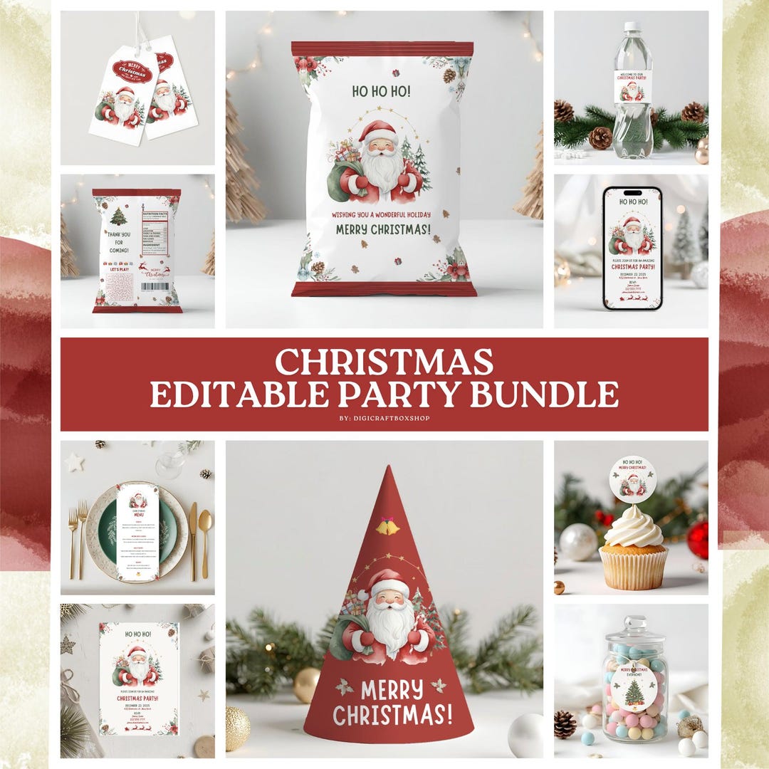 Santa Party Favors Bundle, Christmas Party Invites, Editable Santa Chip ...