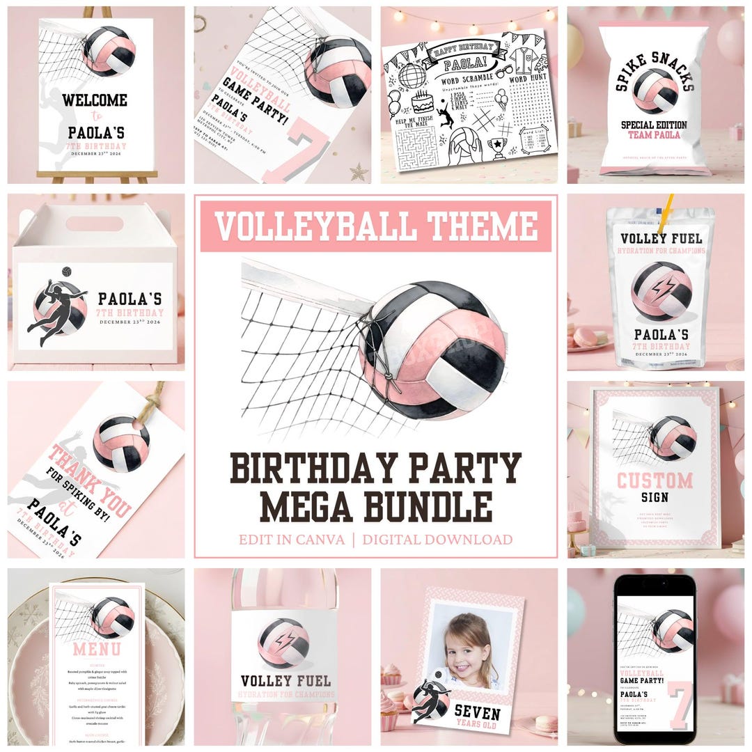 Volleyball Birthday Party Bundle, Pink Sports Theme, Editable Canva ...