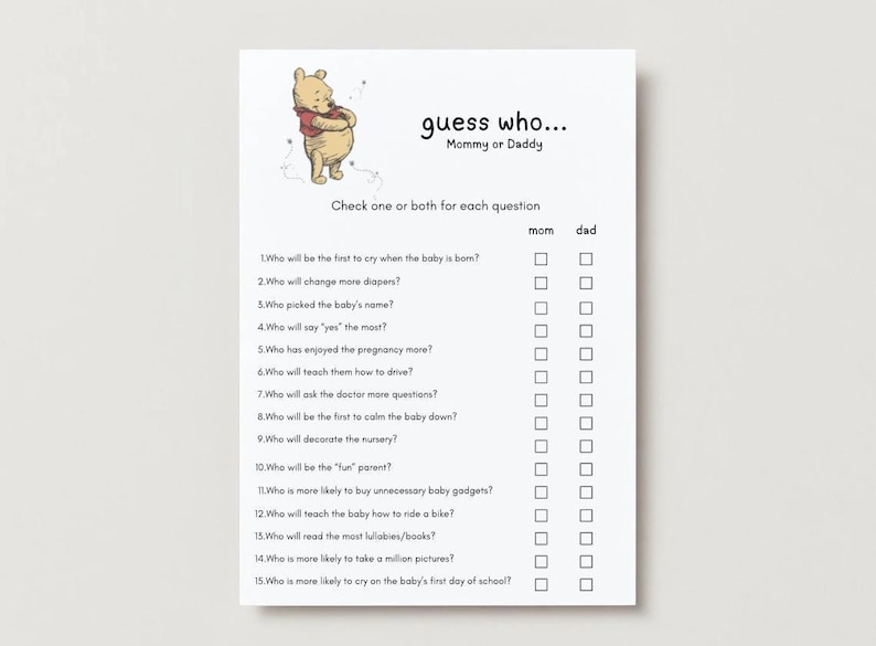 Guess Who? Mom or Dad- Winnie the Pooh Gender Neutral Baby Shower Game ...